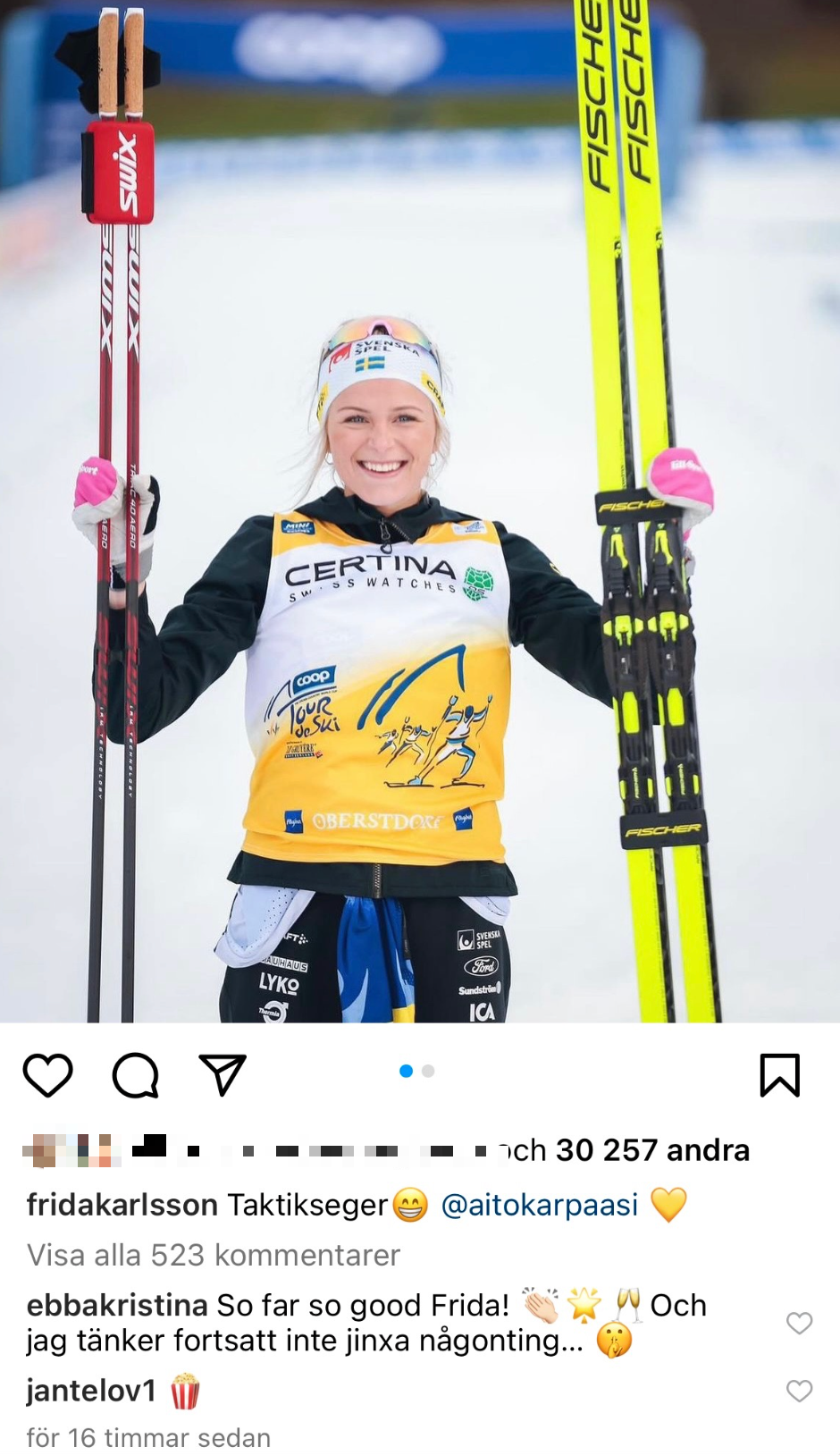 Här stöttas Frida Karlsson av världsstjärnan på Instagram