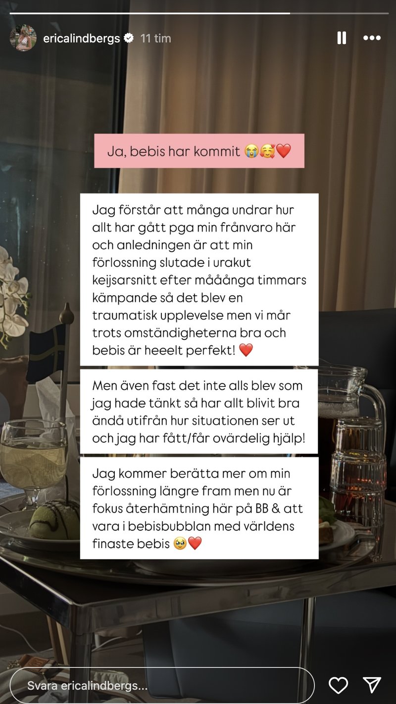 Erica Lindberg har fått barn – svåra förlossningen: "Trauma"