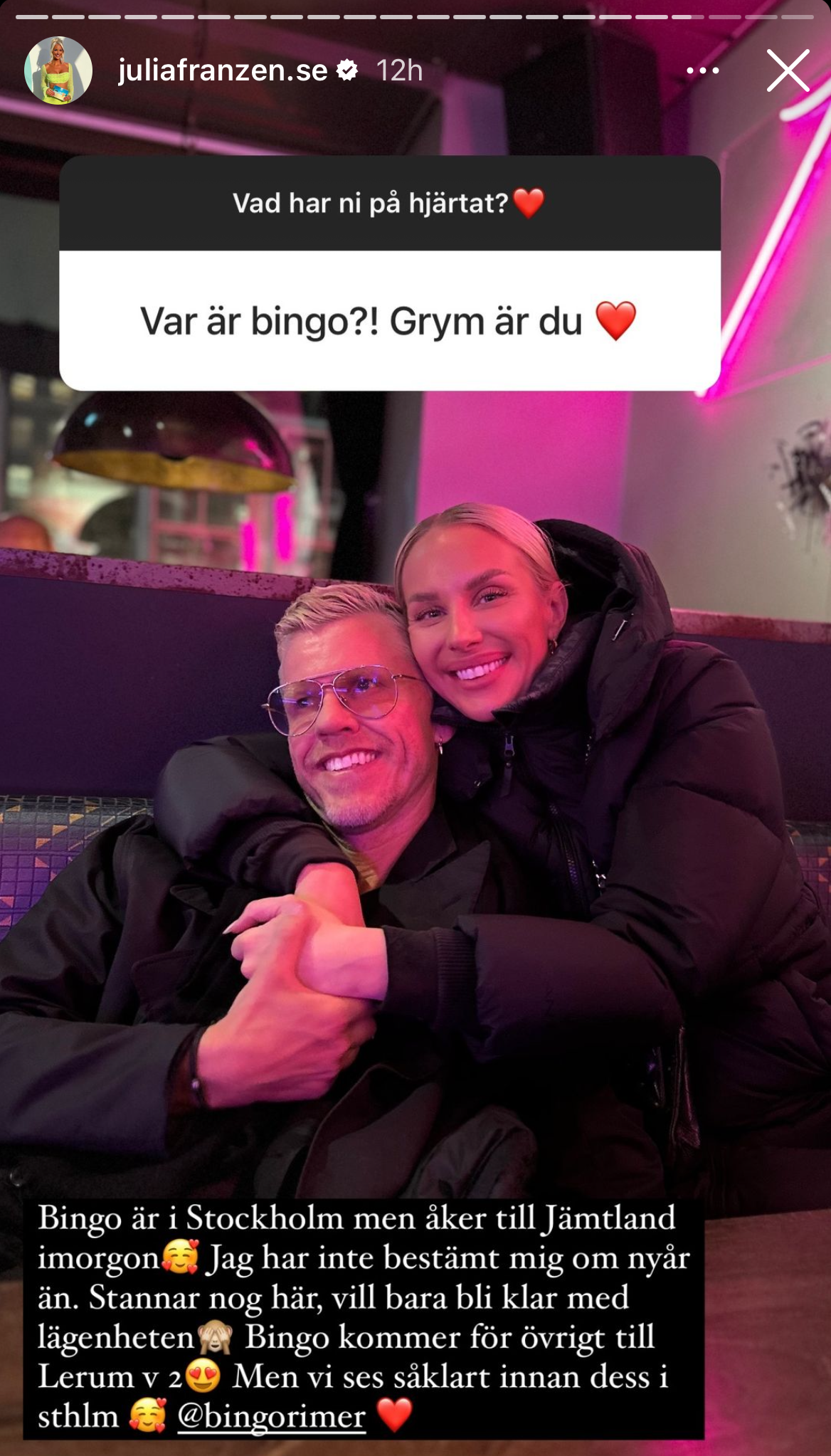 Därför kommer inte Bingo Rimér och Julia Franzén fira nyår ihop